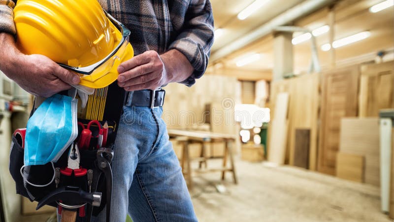 Carpenter with Work Tools and Surgical Mask on White Background ...