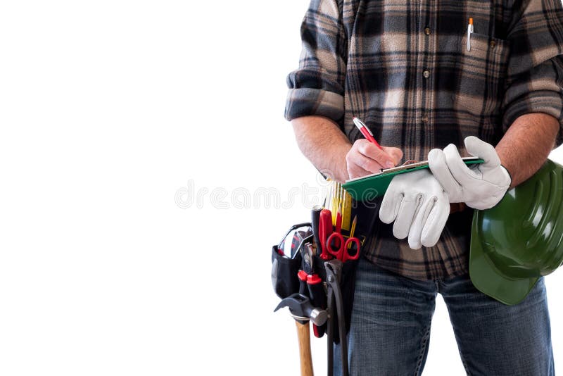 Carpenter with Work Tools on a White Background. Carpentry Stock Image ...