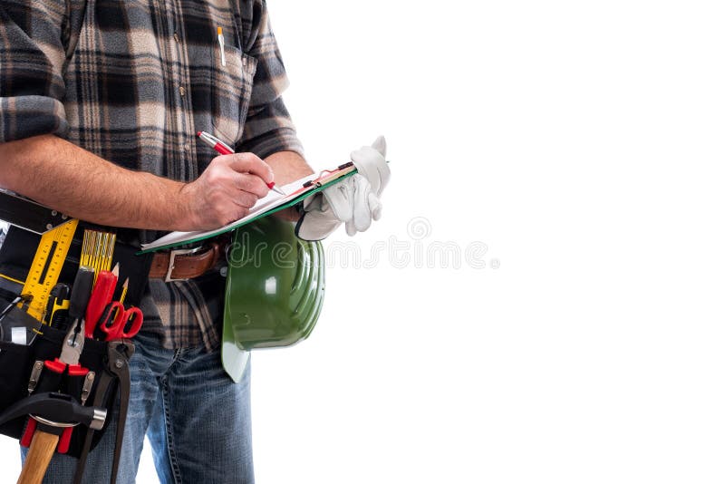 Carpenter with Work Tools on a White Background. Carpentry Stock Photo ...