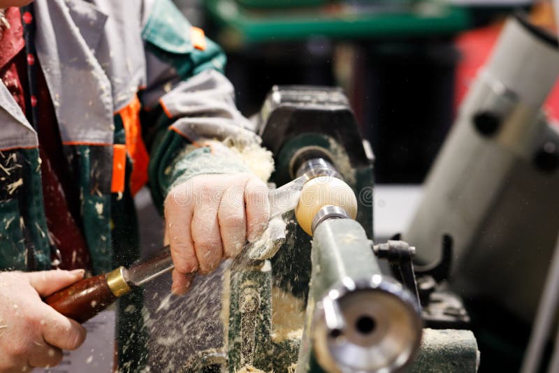 Carpenter at Work on a Woodturning Lathe Machine Stock Image - Image of ...
