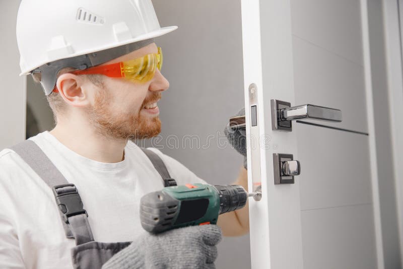 Carpenter Worker Installation Process of Wood Door Hinge Stock Image ...