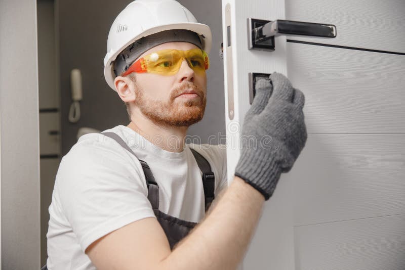 Carpenter Worker Installation Process of Wood Door Hinge Stock Image ...