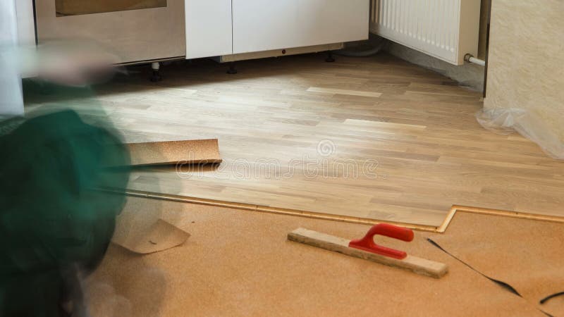 Carpenter Worker Installing Substrate before Wood Parquet Board during ...