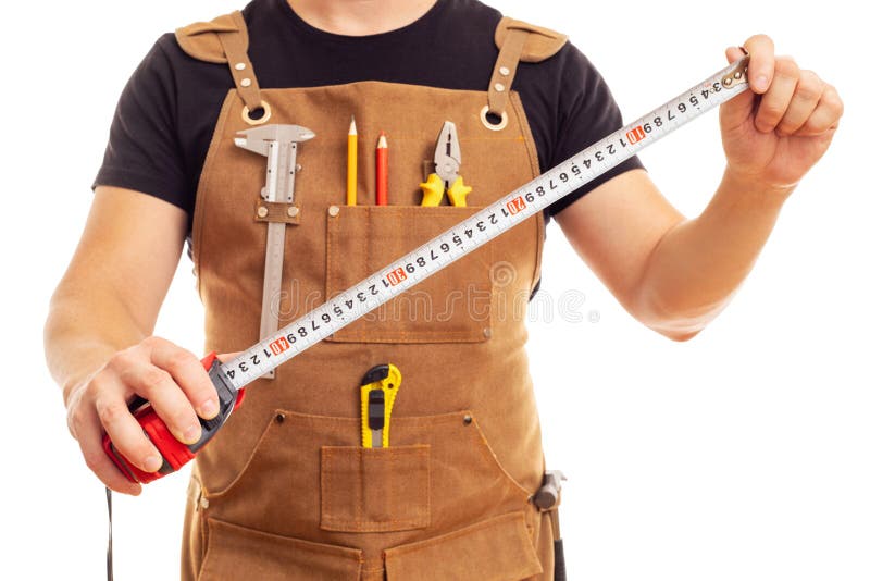 Carpenter in Workers Apron is Holding Measuring Tape on White ...