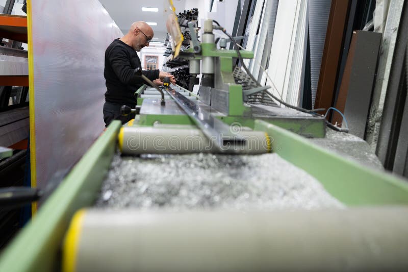 Carpenter Working with Aluminum Profiles in Workshop Stock Photo ...