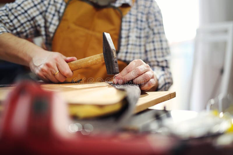Carpenter Working with Hammer in His Workshop Stock Image - Image of ...