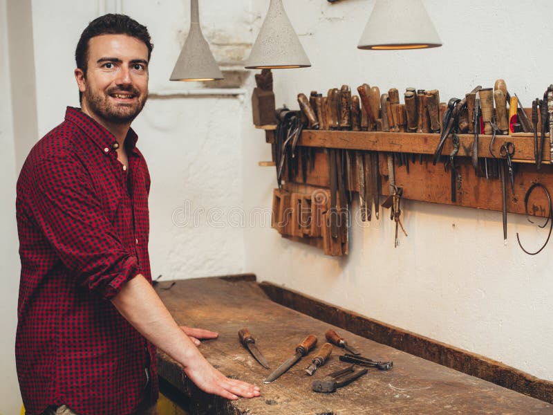 Carpenter Working Hard with Tools in His Carpentry Stock Image - Image ...