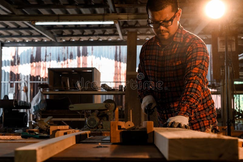 Carpenter Working with Machine Electronic Table Circular Saw for ...