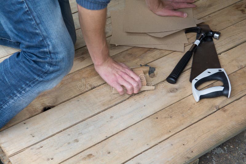 Carpenter Working with Sand Paper Stock Image - Image of flooring ...