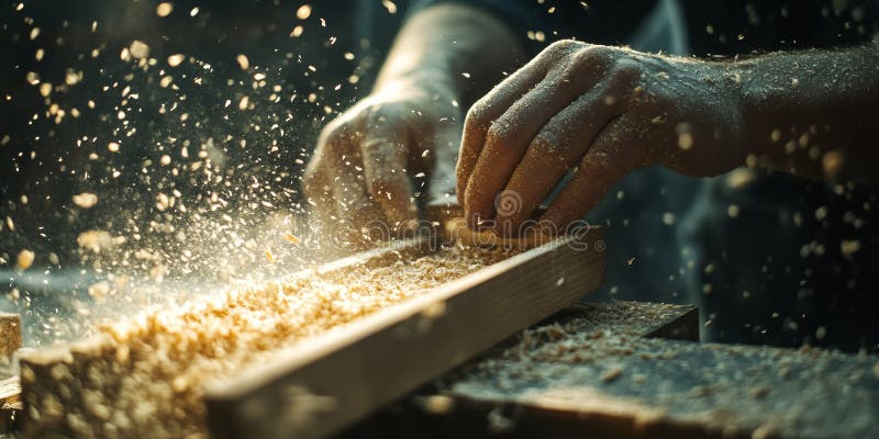 Carpenter Using Chisel on Wood with Sawdust Flying through Air Stock ...