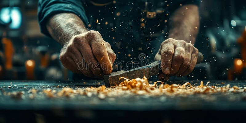 Carpenter Using Hand Plane on Wood in Workshop Stock Image - Image of ...