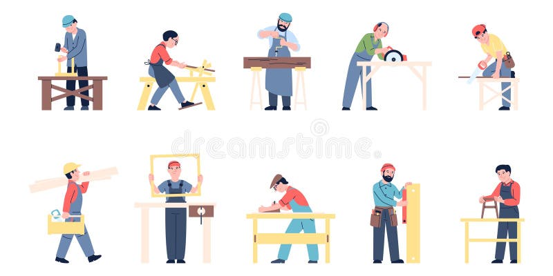 Carpenter Working. Wood Industry Workers, Joiners and Craftsmen Stock ...
