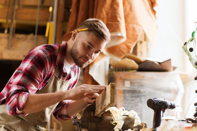 Carpenter Working with Wood Plank at Workshop Stock Photo - Image of ...