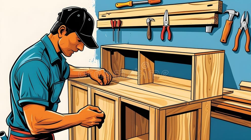 Carpenter Working on a Wood Project in His Workshop Stock Illustration ...