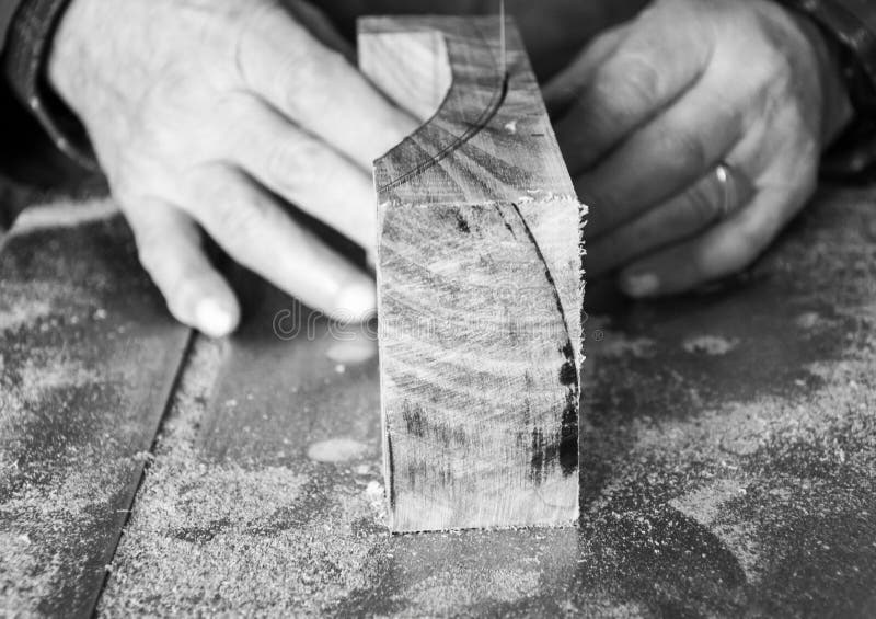 Carpenter Workplace- Carpenter Workplace. Man Using Saw To Cut Wood ...