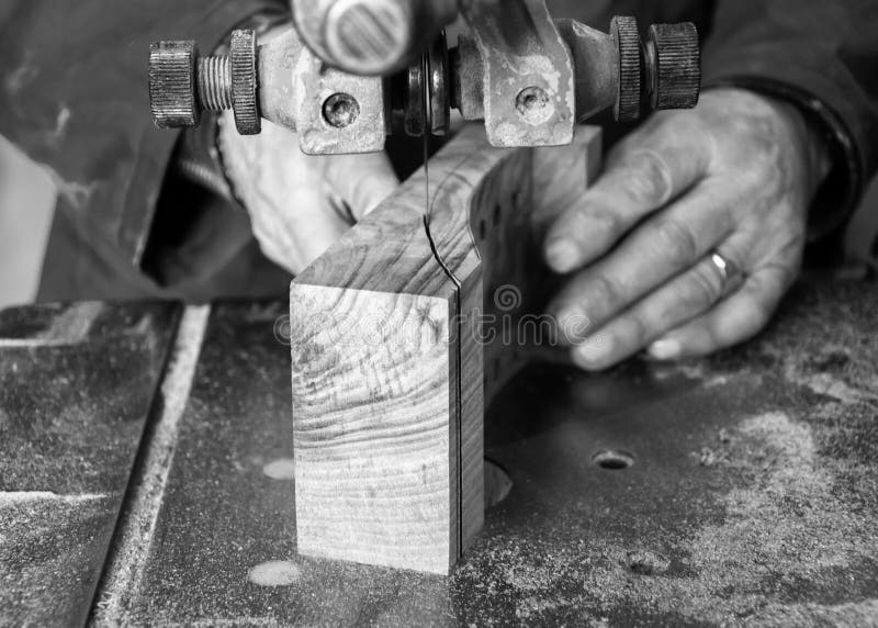 Carpenter Workplace- Carpenter Workplace. Man Using Saw To Cut Wood ...