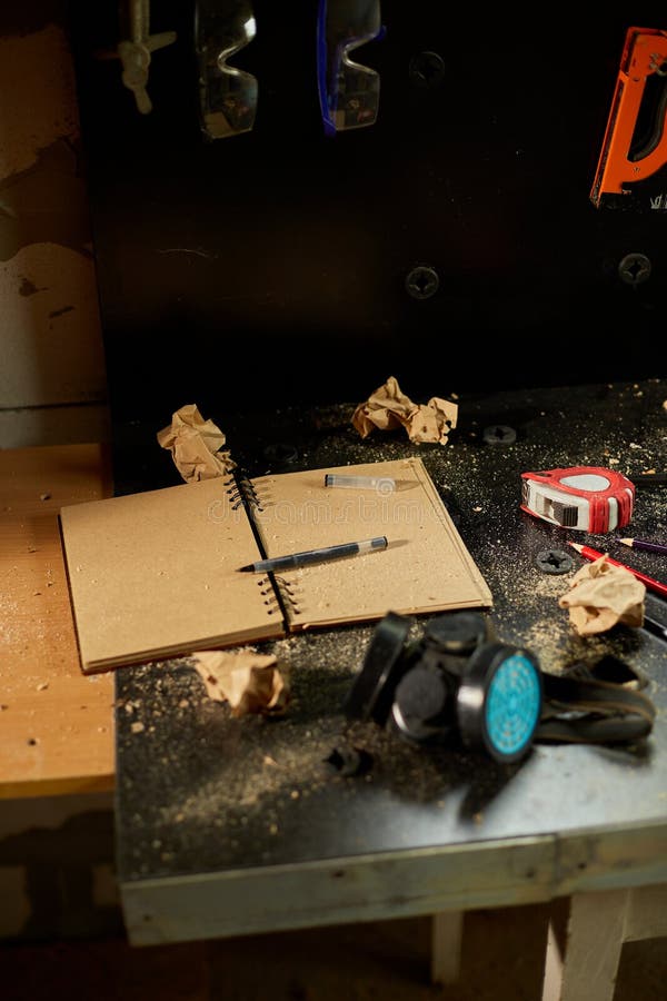 Carpenter Workplace with Notepad and Power Working Tools Graver for ...