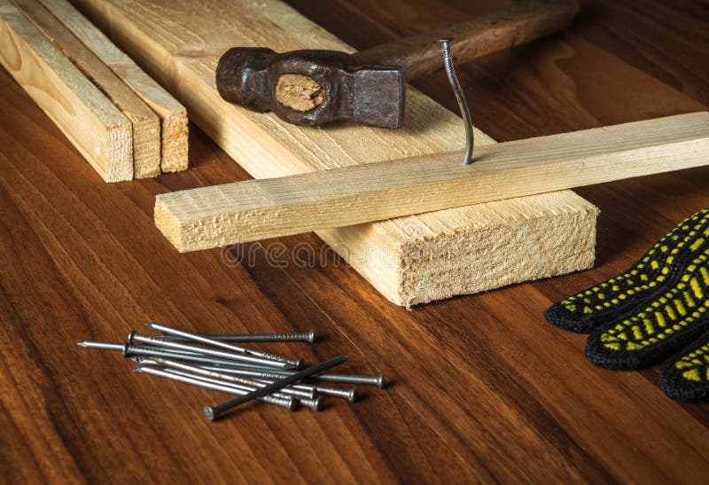 Carpenter Workplace Tools and Wood Planks. Working Environment in a ...