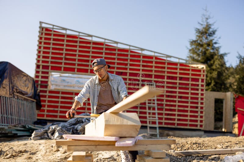 Carpenter Works on a Construction Site Outdoors Stock Image - Image of ...