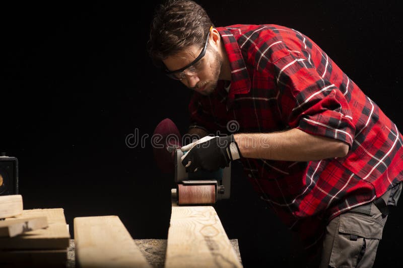 Carpenter Works with Electrical Planer Stock Image - Image of rustic ...
