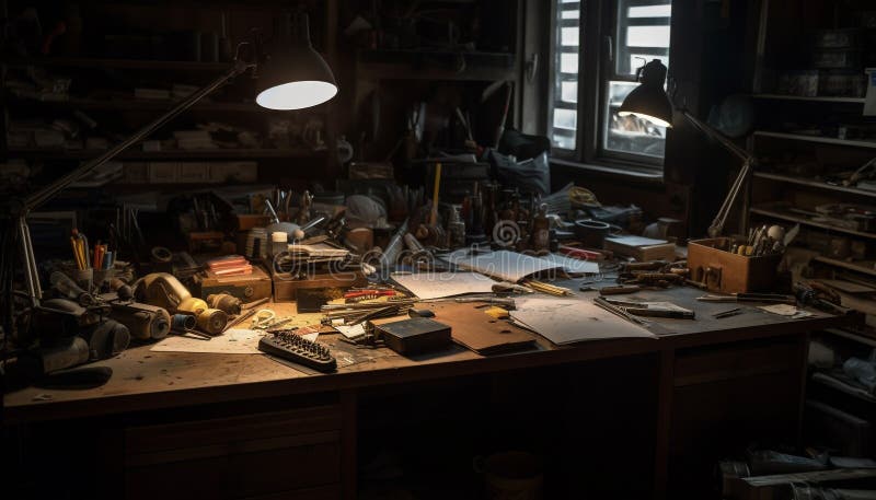 Carpenter Workshop Old Fashioned Tools, Leather Apron, Messy Workbench ...
