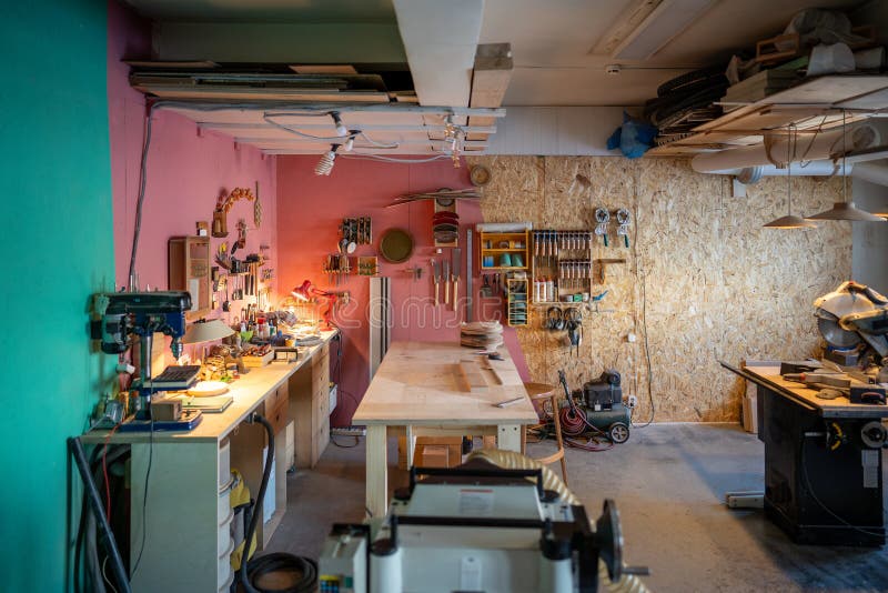 Carpenter Workshop with Power Tools and Workbench, Morning Work Setup ...