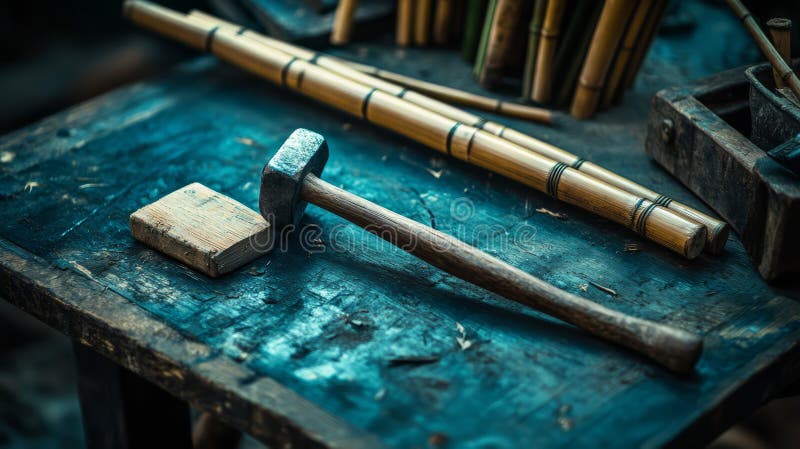 Carpenter Workspace Featuring Simple Tools and Natural Elements in Warm ...