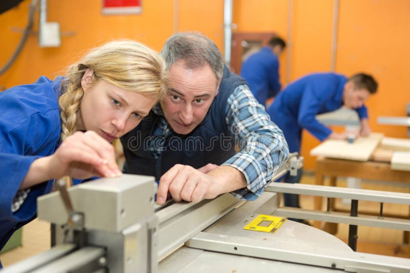 Carpenter and Young Female Apprentice Working Together in Workshop ...