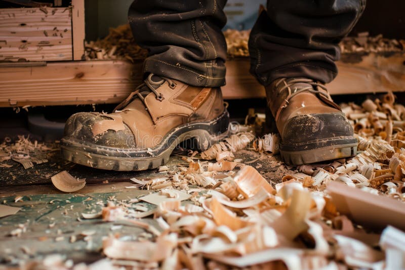 Carpenters Work Boots Stepping on Wood Shavings Stock Photo - Image of ...