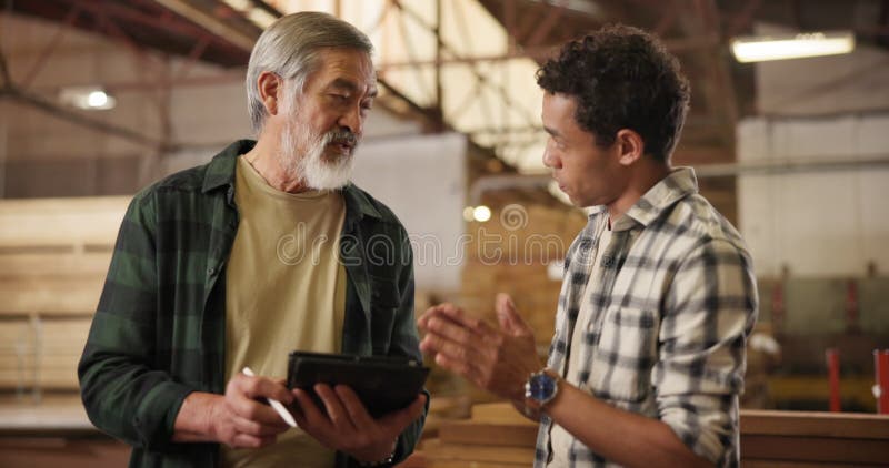 Carpentry, Collaboration and Tablet with Team in Workshop Together for ...