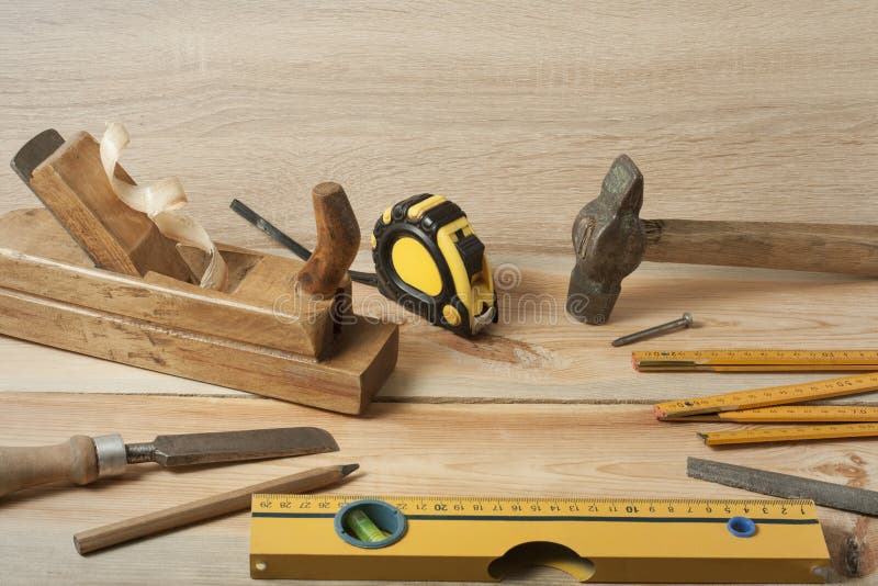 Carpentry Concept.Joiner Carpenter Workplace. Different Tools on Wooden ...