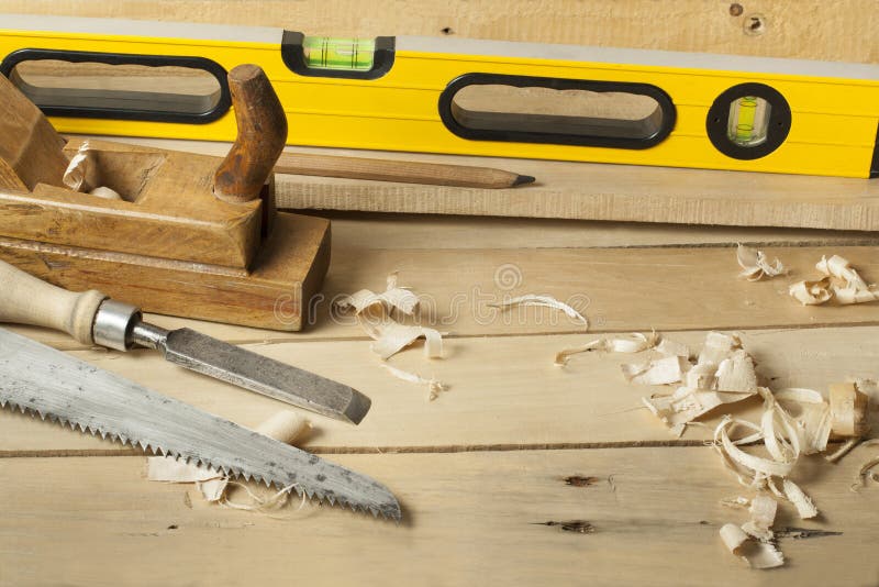 Carpentry Concept.Joiner Carpenter Workplace. Construction Tools on ...