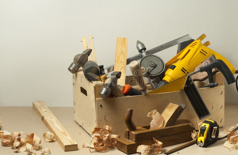 Carpentry Concept.Wooden Box with Many Carpentry Tools on Workplace ...