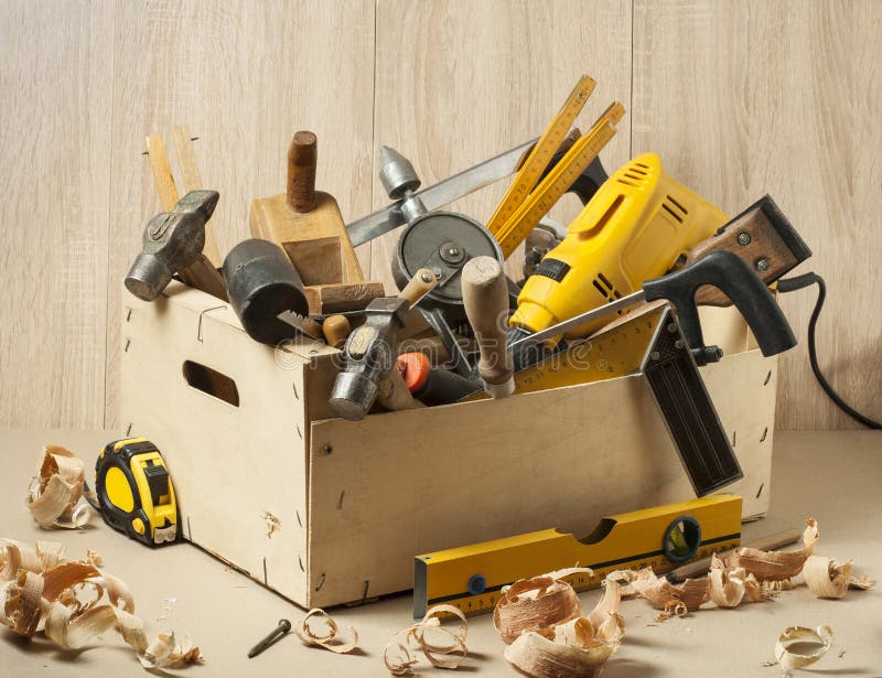 Carpentry Concept.Wooden Box with Many Carpentry Tools on Workplace ...