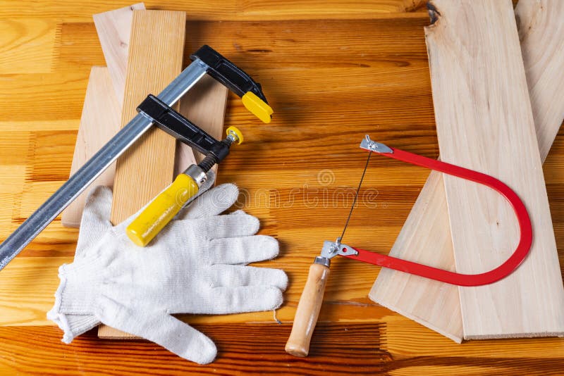 Carpentry Concepts. Separate Lineup of Assorted Work Tools on Wood ...