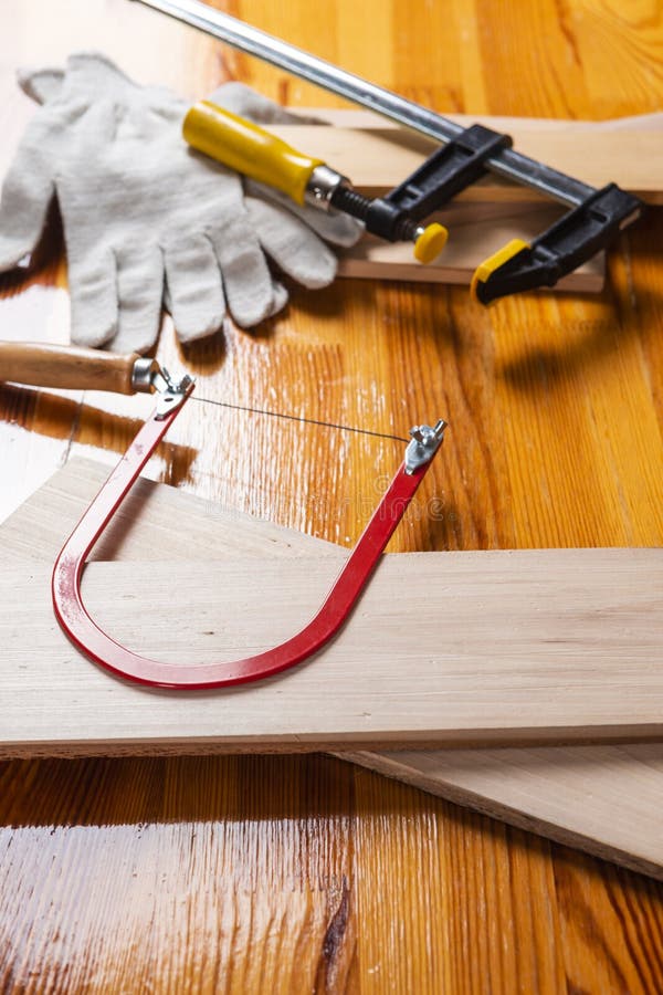 Carpentry Concepts. Separate Lineup of Assorted Work Tools on Wood ...