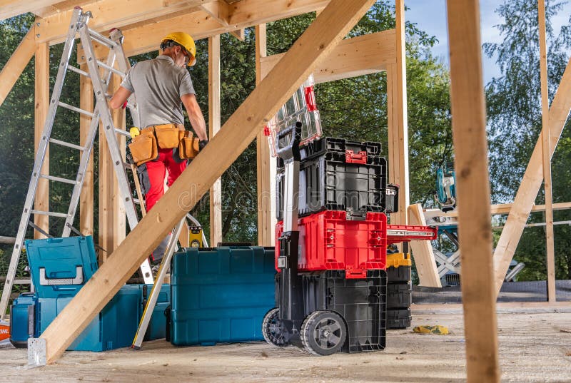 Carpentry Contractor Worker with His Tool Boxes Stock Image - Image of ...