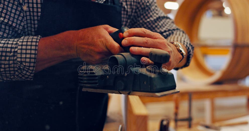 Carpentry, Hands and Sander with Man in Workshop for Manufacturing or ...