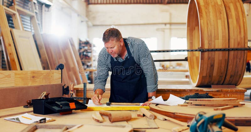 Carpentry, Industry and Writing with Man in Workshop for Manufacturing ...