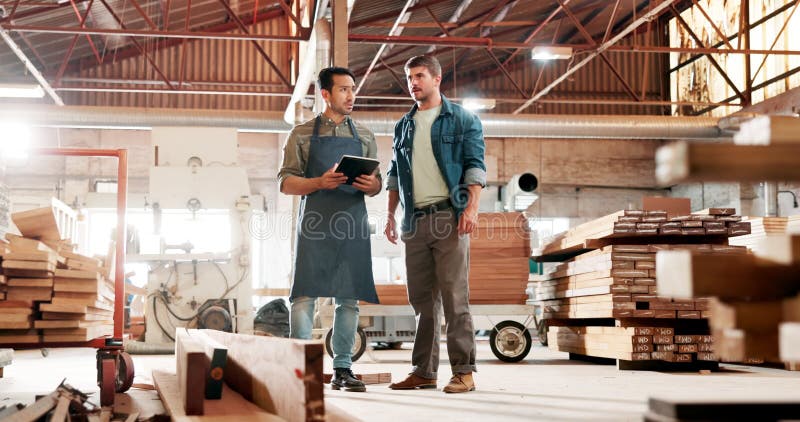 Carpentry, Tablet and Woman with Mature Mentor at Factory for ...