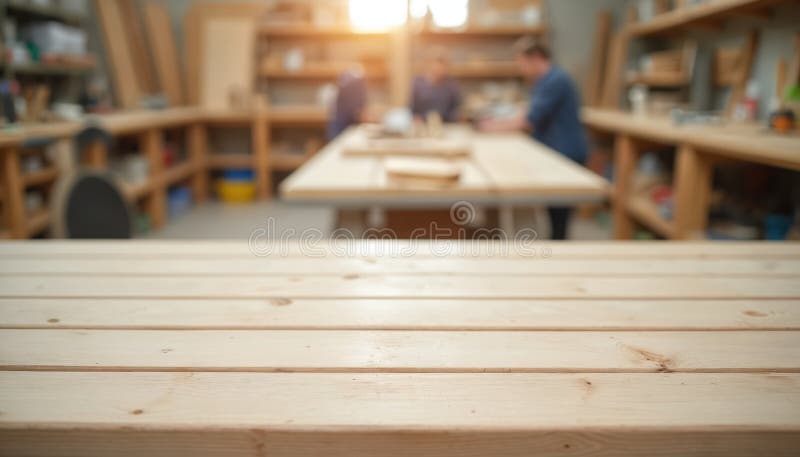 Carpentry Shop with Empty Wooden Table in Foreground. Blurred Tools ...
