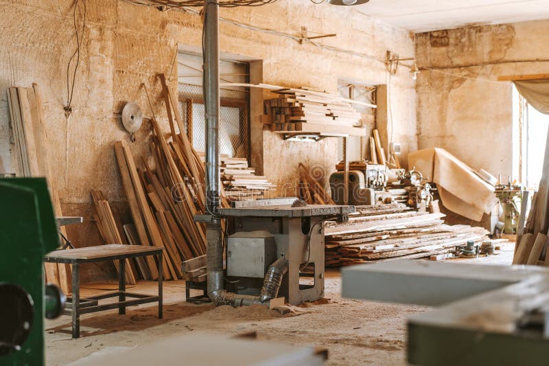 Carpentry Shop Interior with Wood and Tools Stock Photo - Image of ...