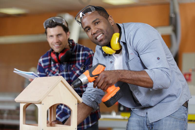Carpentry Team Making Wooden Bird Houses Stock Image - Image of drill ...