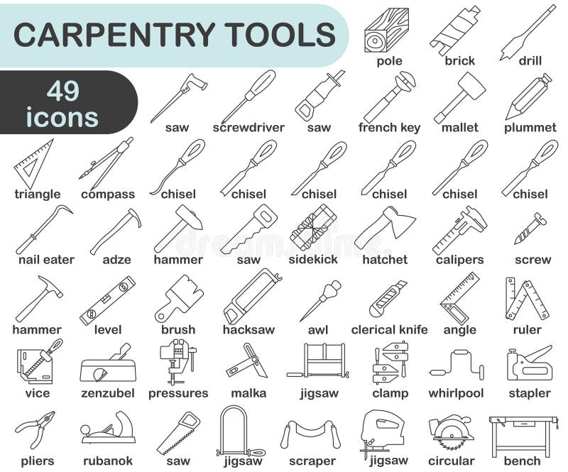 Carpentry Tool Icon Collection. Carpentry Tool Thin Line with Title ...