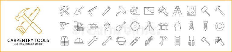Carpentry Tools Icon Set in Line Style. Stock Vector - Illustration of ...