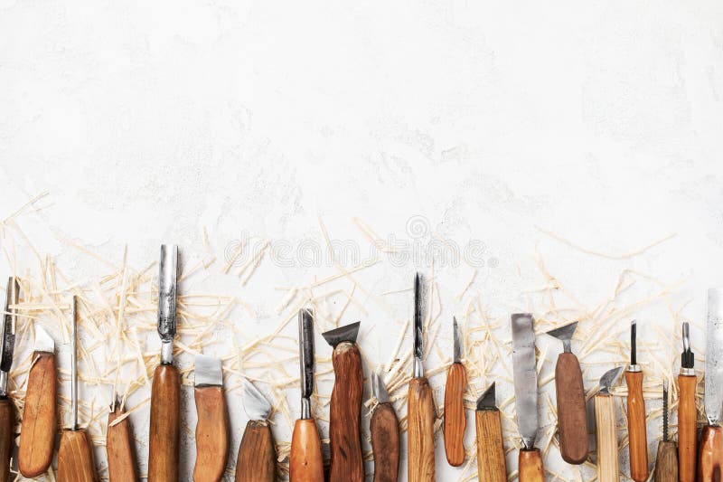 Carpentry Tools on Rustic White Table Top View. Handmade Woodworking ...