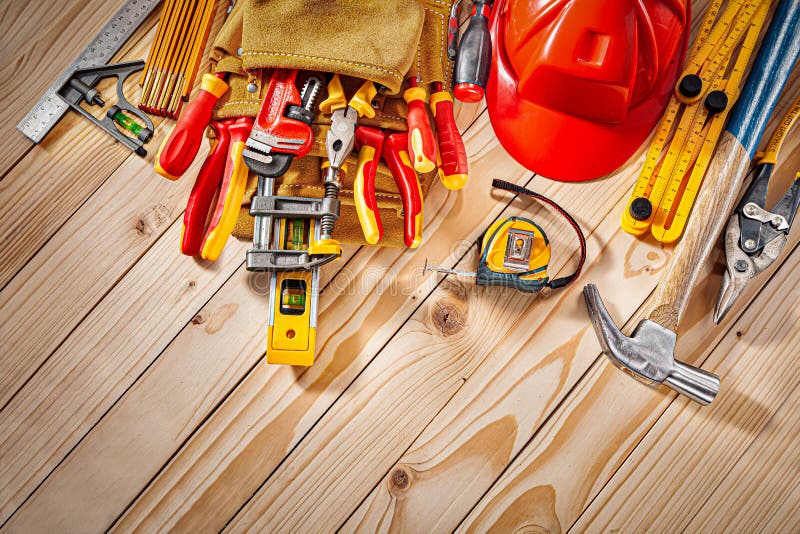 Carpentry Tools Set on Background of Wooden Boards Construction Concept ...