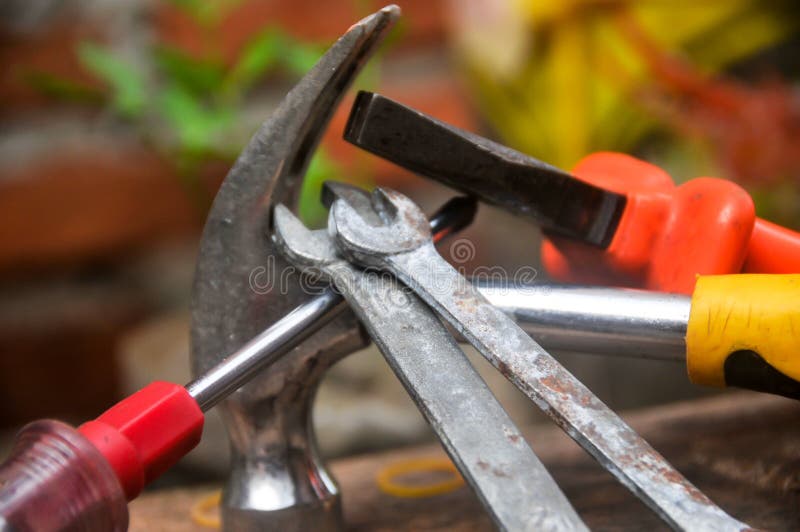 Carpentry Tools on a Red Brick Background Stock Photo - Image of items ...