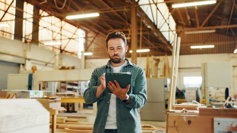 Carpentry, Woodwork and Man with Tablet in Workshop for Inventory ...