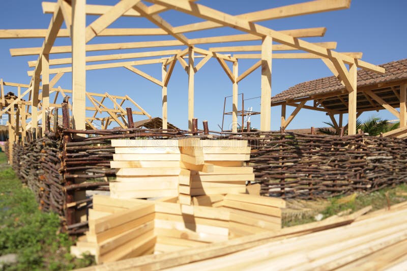 Carpentry Work. an Unfinished Structure Made of Wooden Boards and ...
